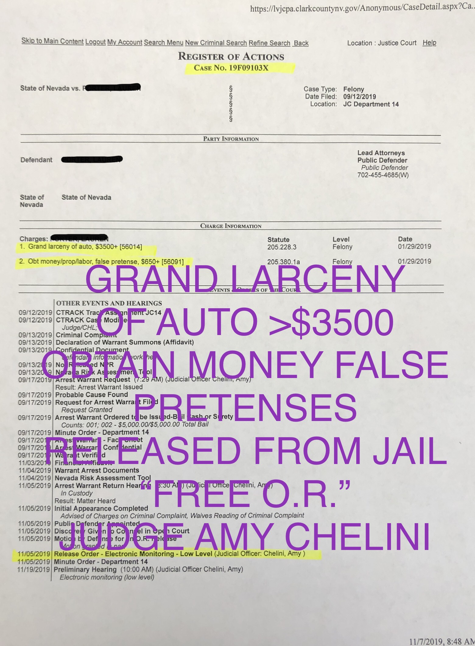 GRAND LARCENY AUTO >$3500 - “O.R.” RELEASE JUDGE AMY CHELINI - Vegas ...