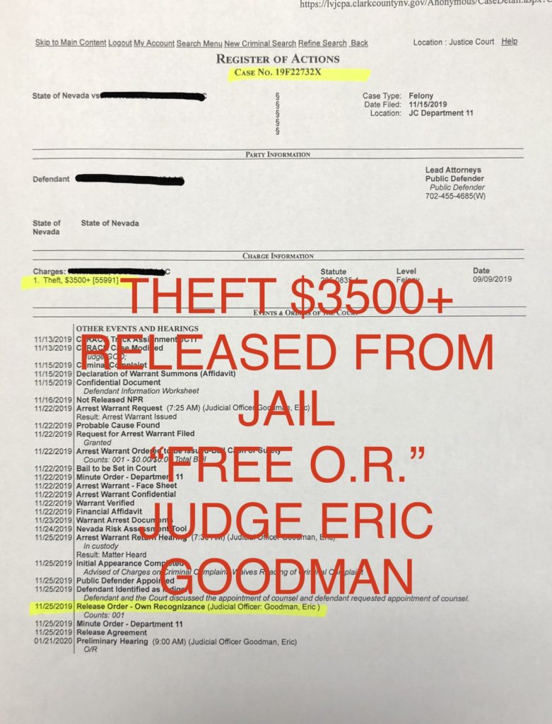 THEFT >$3500 - “O.R.” RELEASE JUDGE ERIC GOODMAN - Vegas Jail Watch